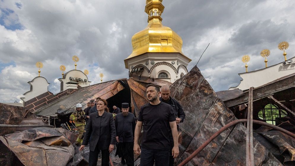 Russian strikes kill 11 and set Ukraine’s historic cathedral ablaze